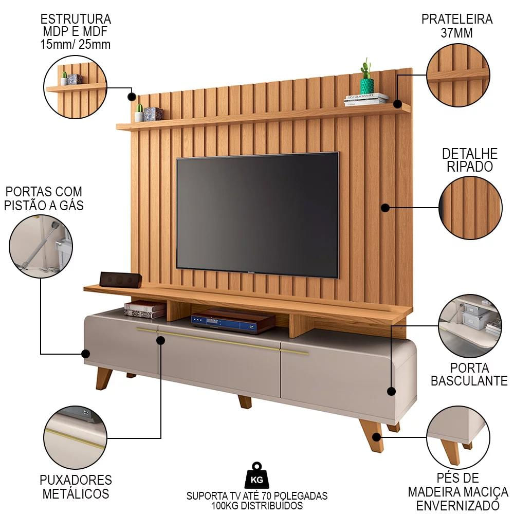 Painel para TV 70 Pol Ripado 2.0 e Rack Bancada Amago H01 Off White/Cinamomo - Mpozenato - Lojas MM