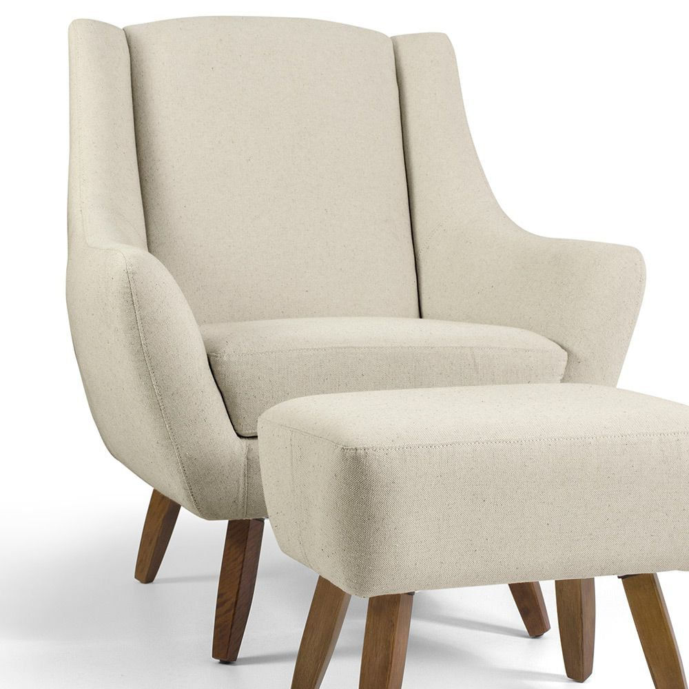 Poltrona Decorativa com Puff Sala de Estar Pés de Madeira Naomi Algodão ...