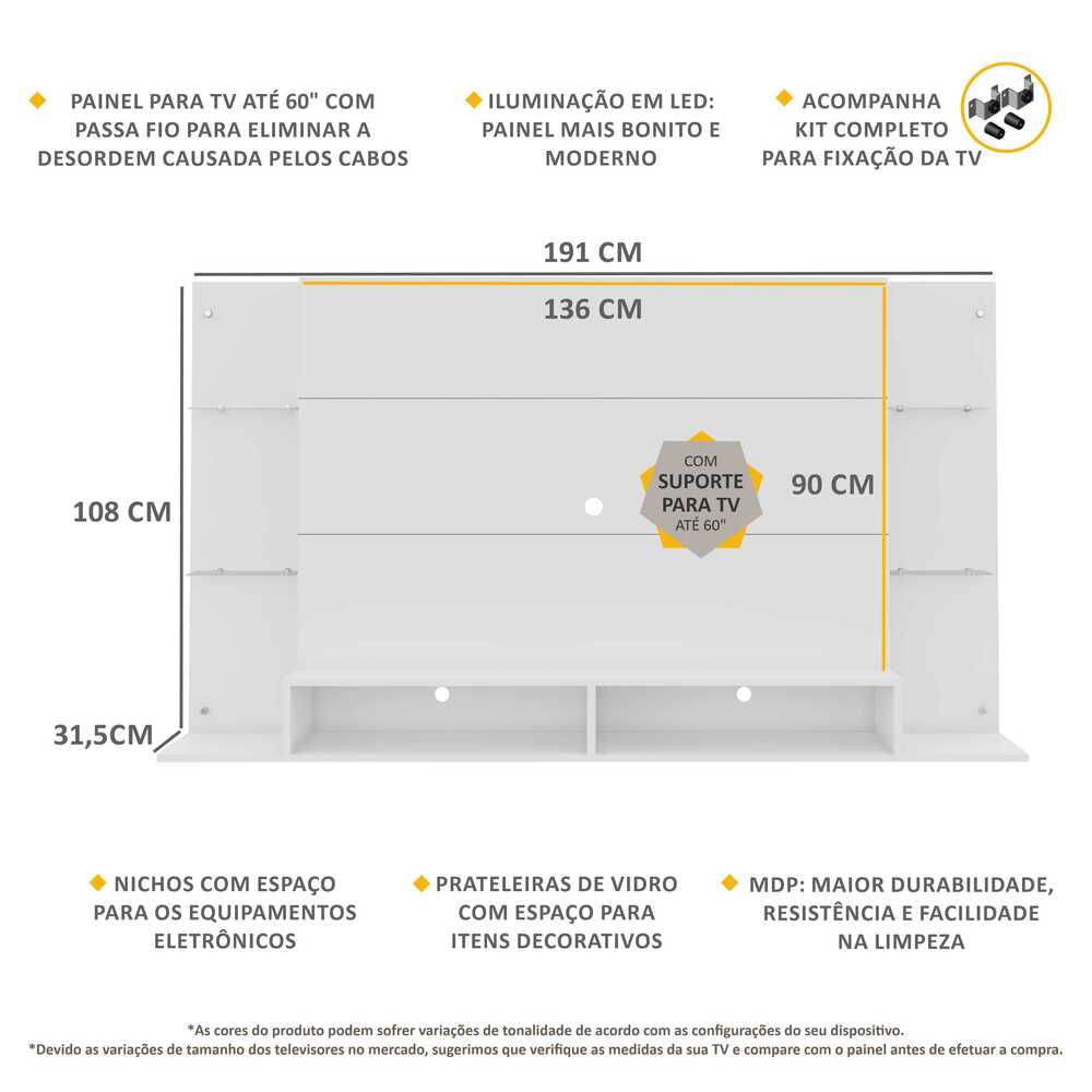Painel com Suporte TV 60" e 2 Leds Prateleiras de Vidro Vegas ...
