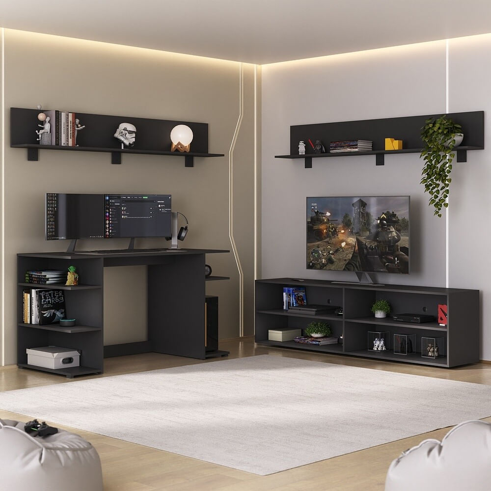 Conjunto Mesa Gamer e Rack TV até 75" com Prateleiras Multimóveis ...