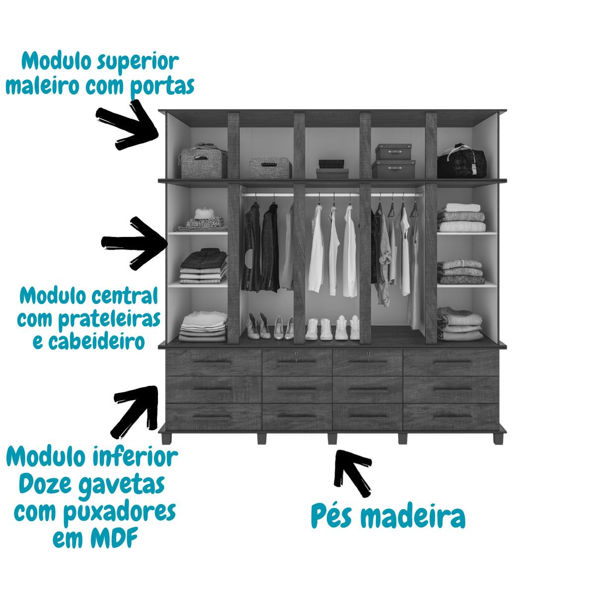Guarda Roupas Casal 5 Portas 12 Gavetas com Maleiro Berlim - Lojas MM